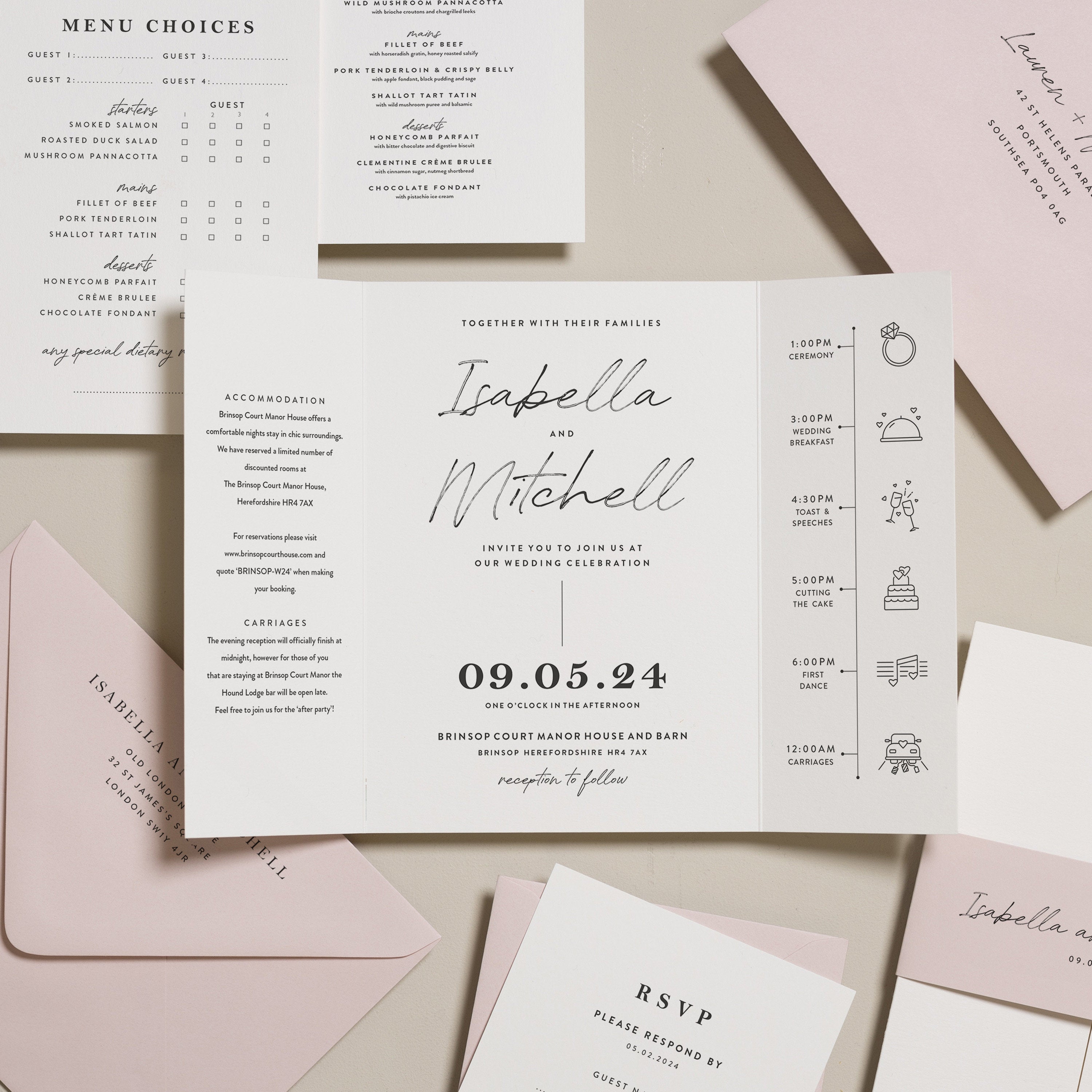 Simple White Wedding Invitation Set 'Isabella'